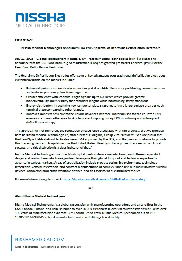 HeartSync Defibrillation Electrodes - PMA Approval Notice